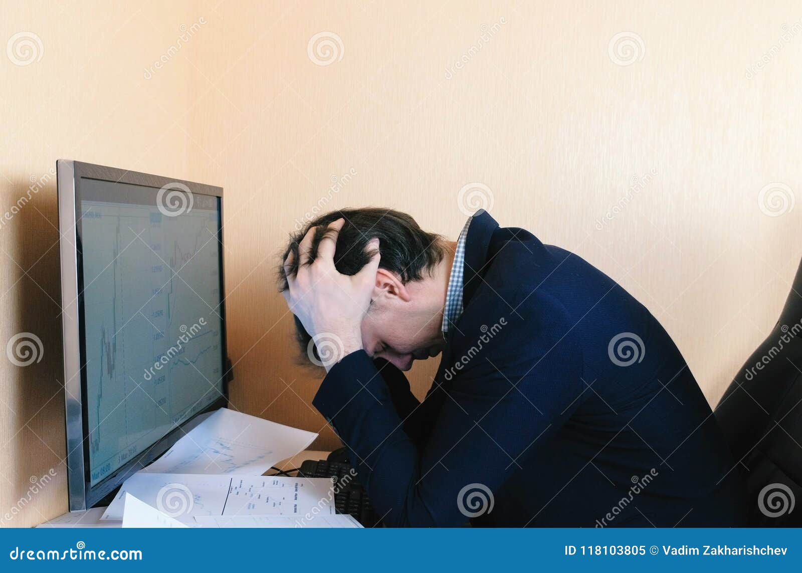 Tired Man is Working on Computer Compare Graphics. Stock Image - Image ...