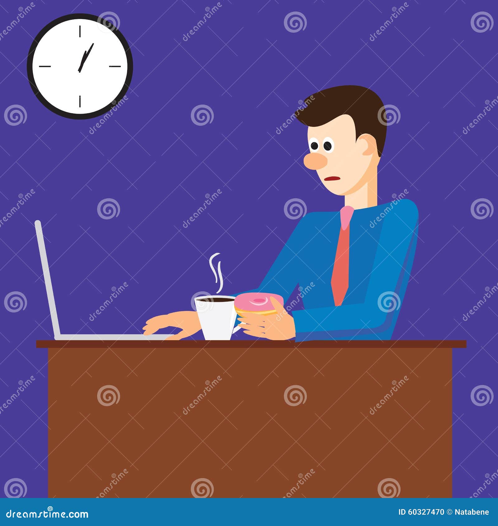 Vector Illustration of Tired Man Working on Computer in Office, Late at ...