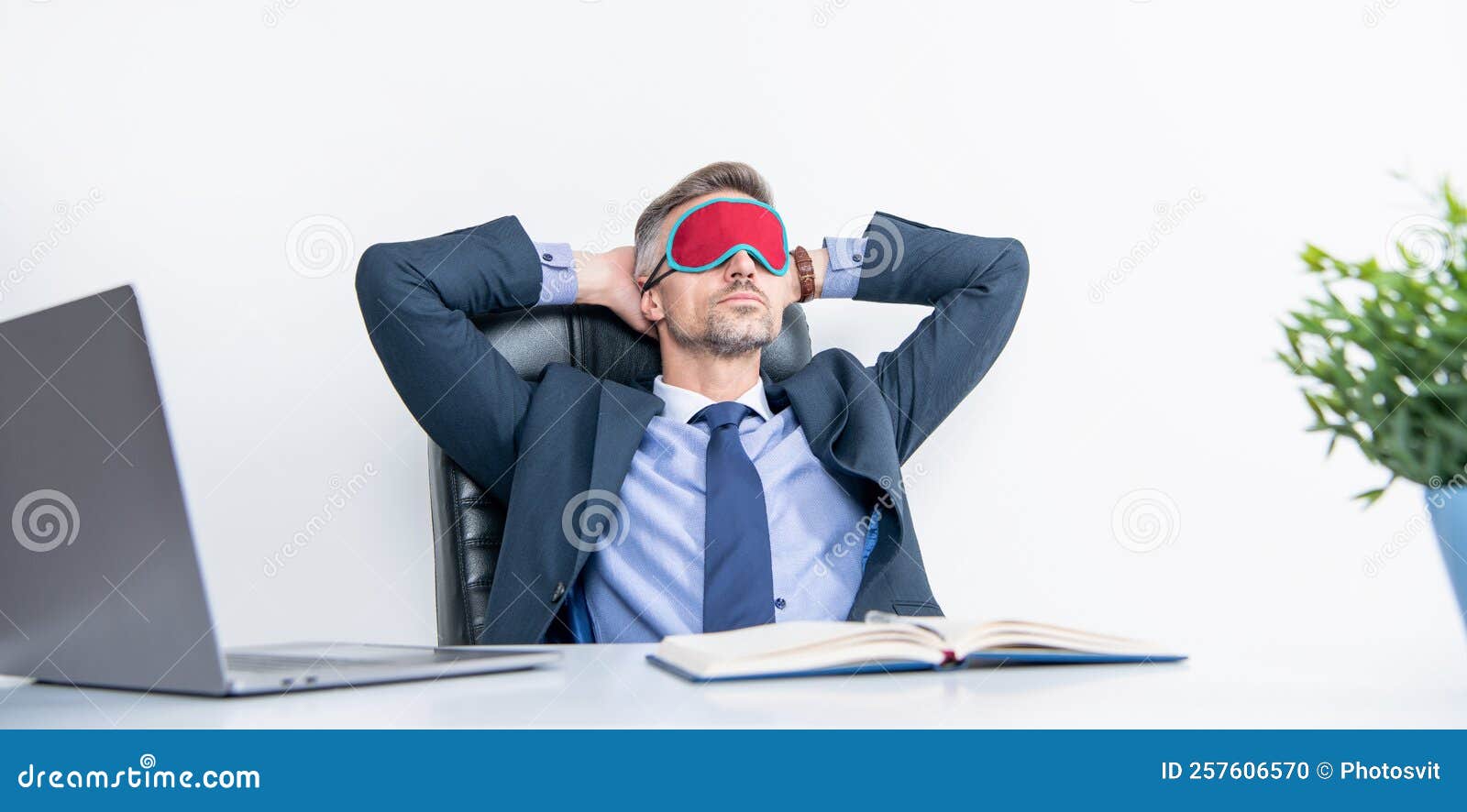 Tired Manager Relax in Sleep Mask at Workplace Stock Photo - Image of ...