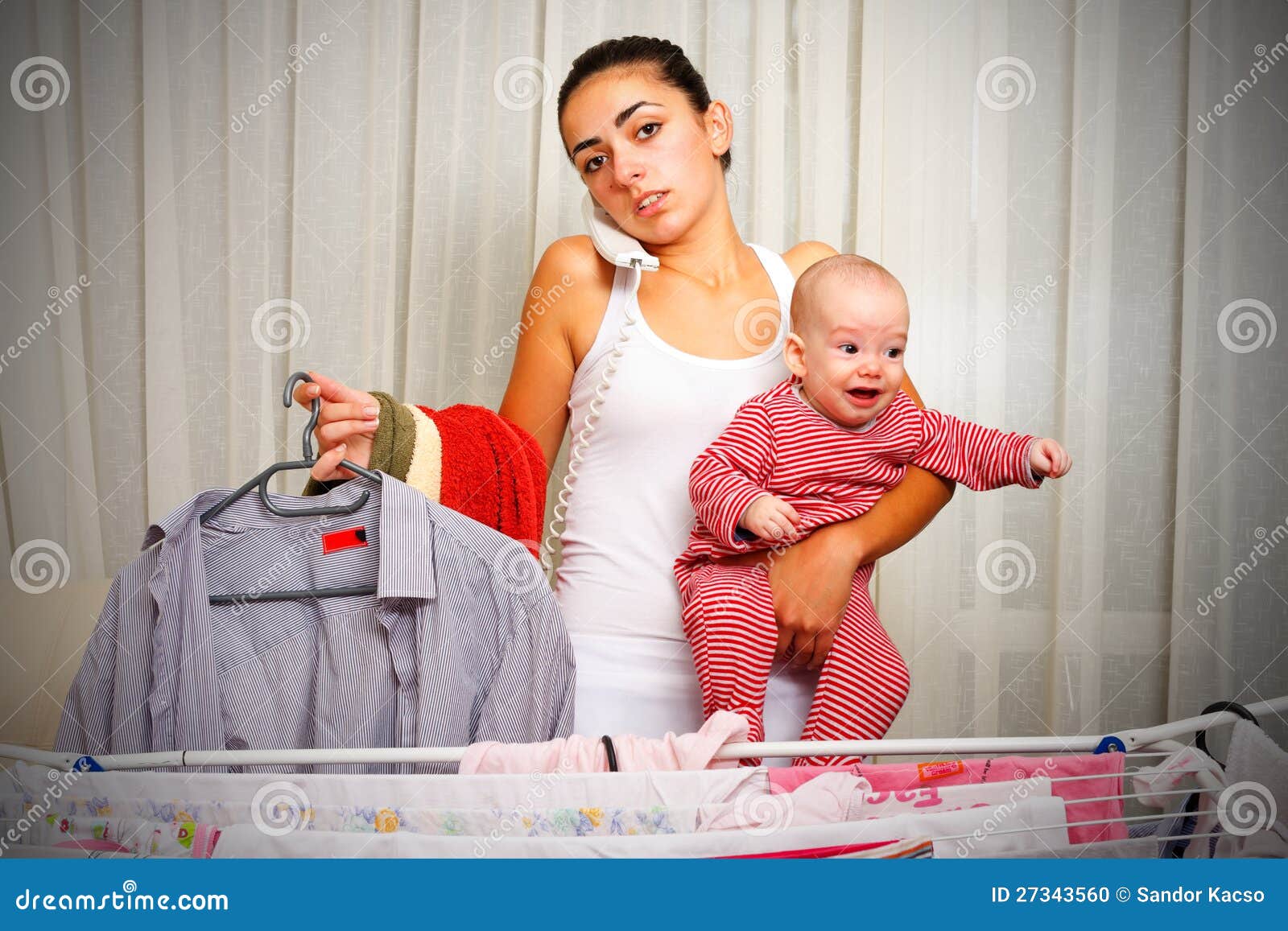 Tired Mother with Crying Baby at Home Stock Photo - Image of ...