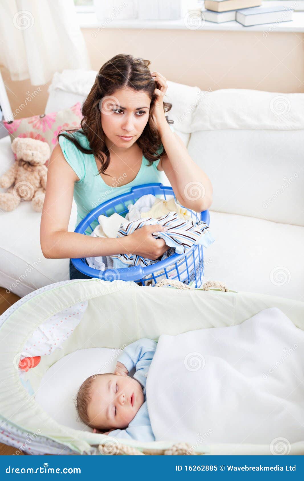 Tired Mother Doing the Laundry while Baby Sleeping Stock Image - Image ...