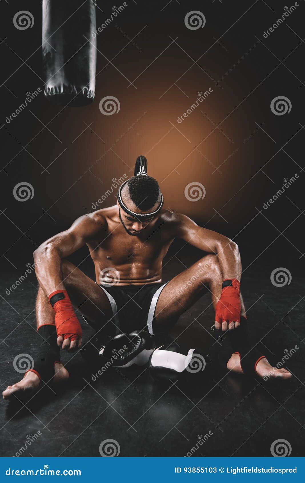 Tired Fighter Standing In Sport Club. Kickboxer Making Break After ...