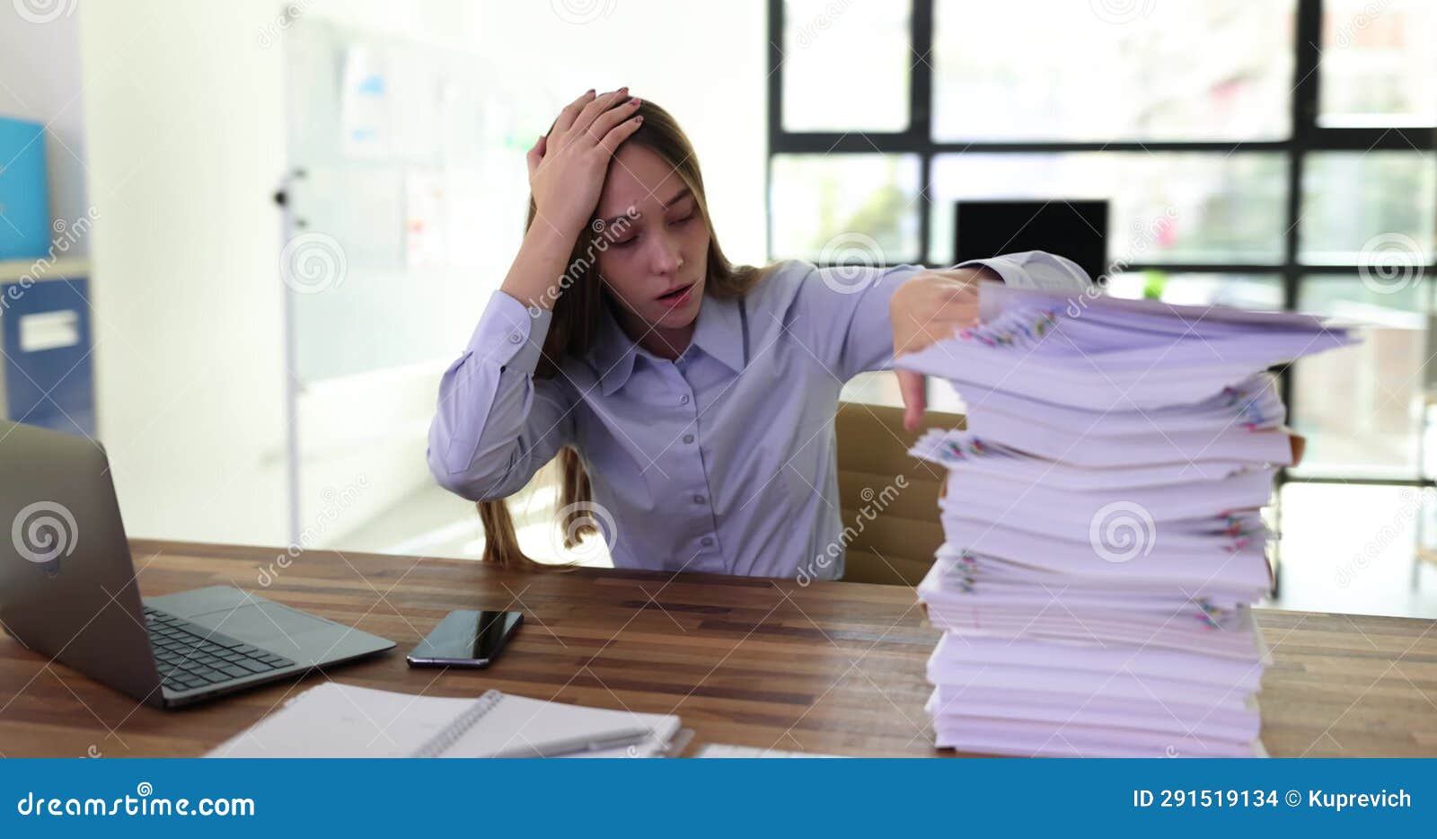 Tired Nervous Intern Working Hard with Documents in Office Stock ...