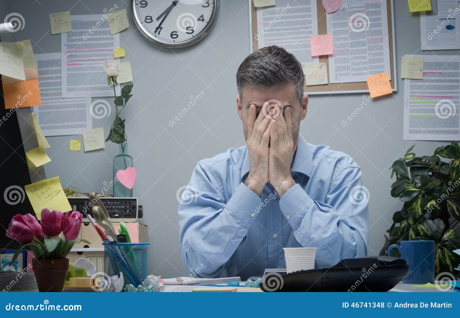 Tired Office Worker with Head in Hands Stock Photo - Image of note ...