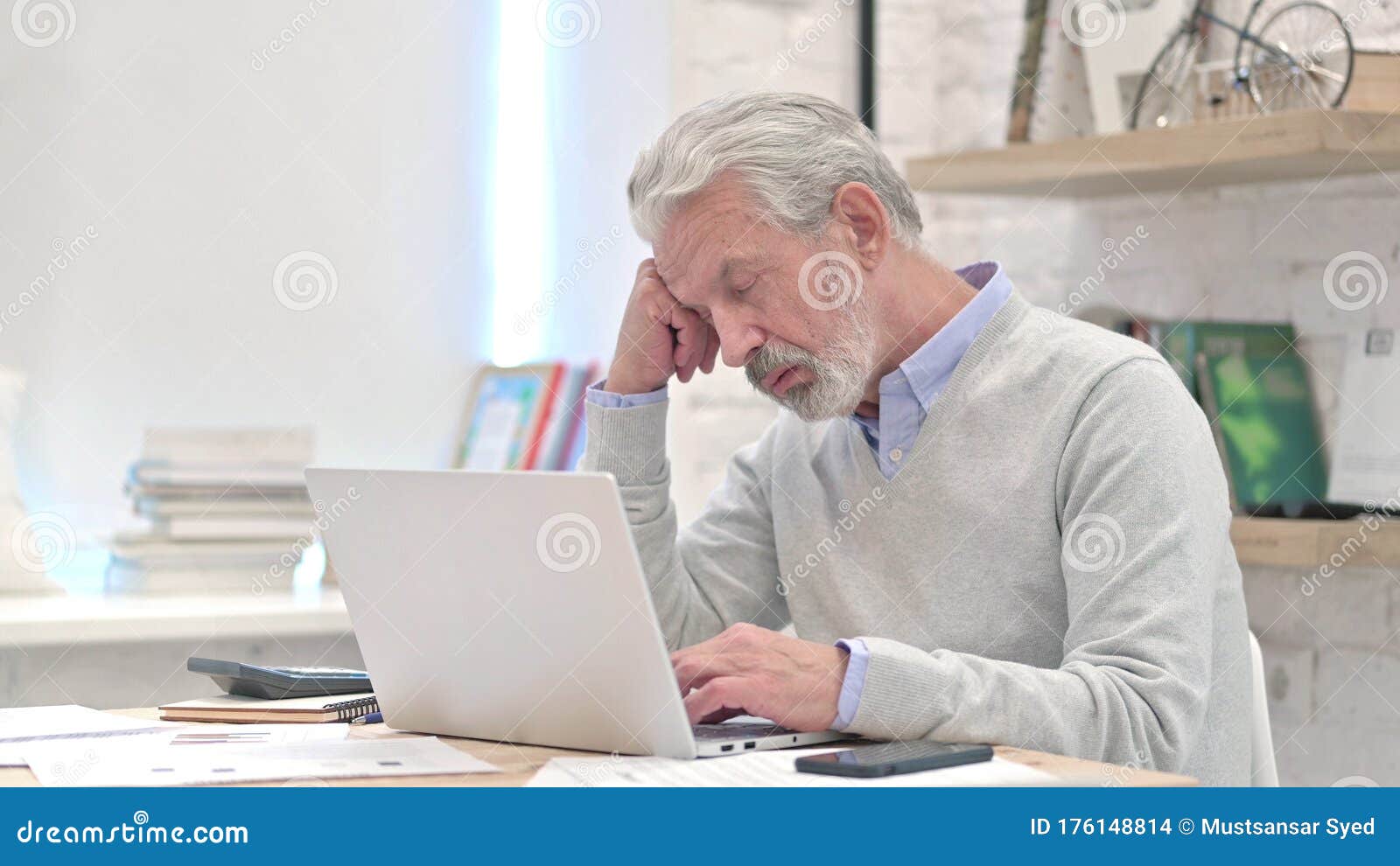 Tired Senior Old Man Sleeping at Work Stock Photo - Image of danger ...