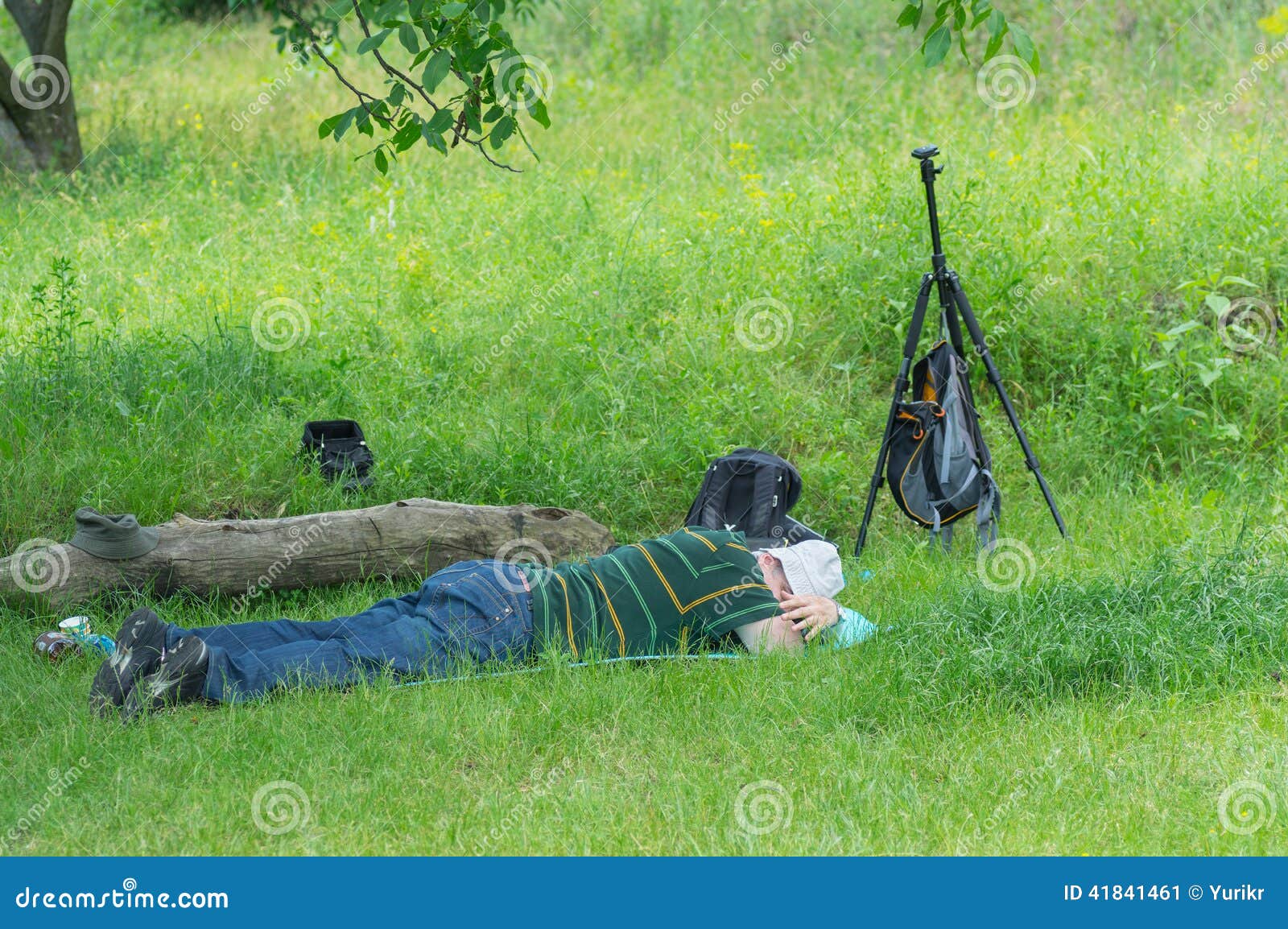 Tired Outdoor Photographer Having Rest Stock Image - Image of herbs ...
