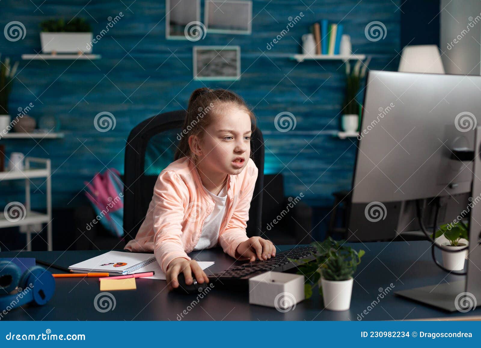 Tired Overwork Little Child Browsing School Information on Computer ...