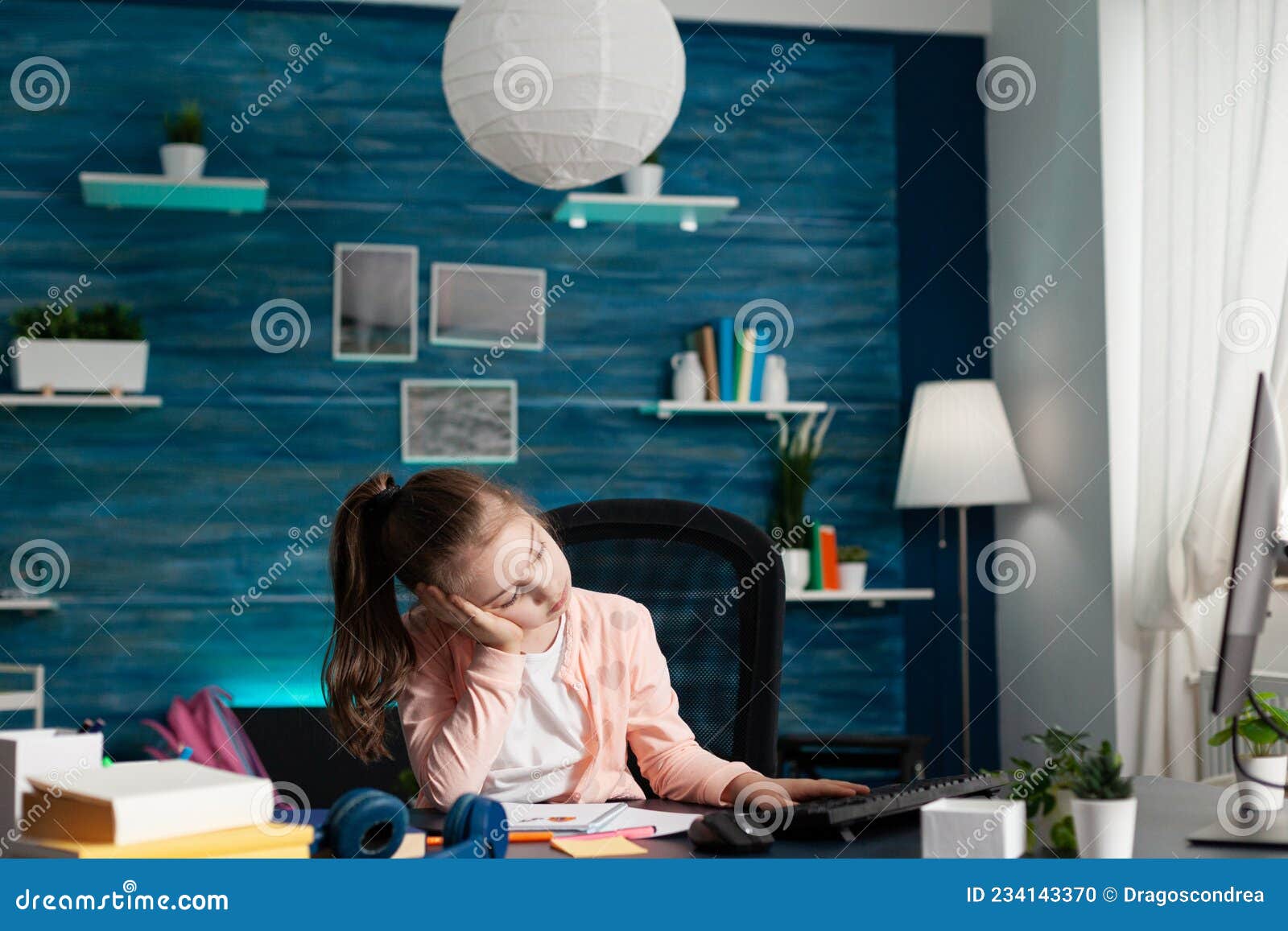 Tired Overwork Schoolkid Doing Mathematics Homework Analyzing Online ...