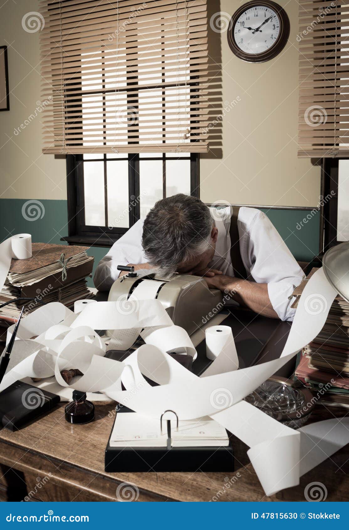 Tired Overworked Accountant in Office, 1950s Style Stock Photo - Image ...