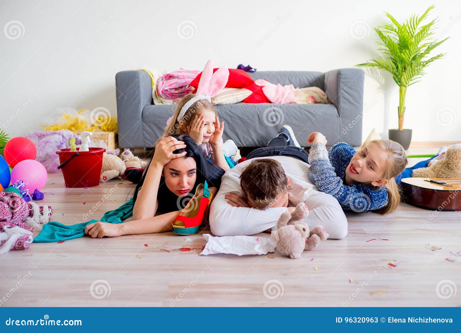 Tired Parents and Romping Kids Stock Image - Image of housewife, play ...