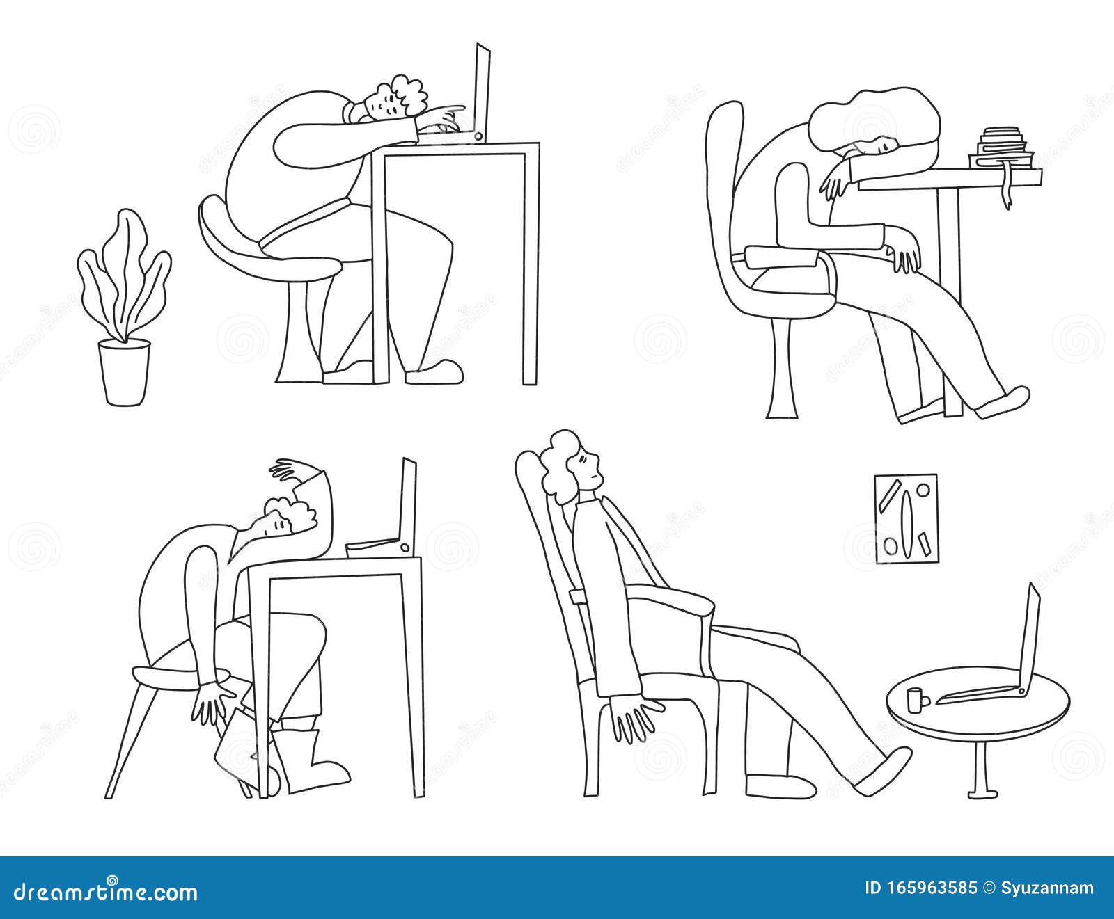 Tired Characters People Resting Sitting On A Bed Or Sofa. Stock ...