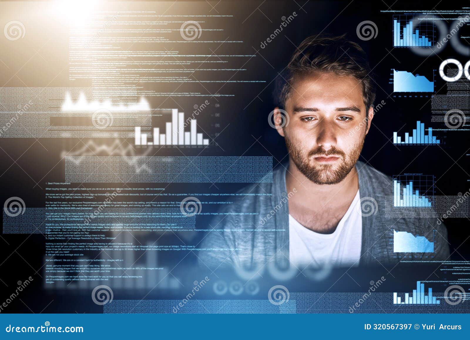 Tired, Programmer and Coding with Statistics Overlay for Fintech App or ...