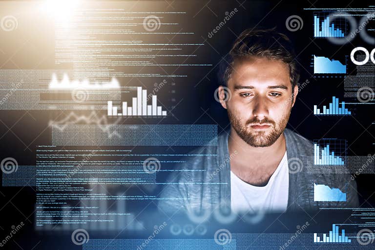 Tired, Programmer and Coding with Statistics Overlay for Fintech App or Reporting Software and ...