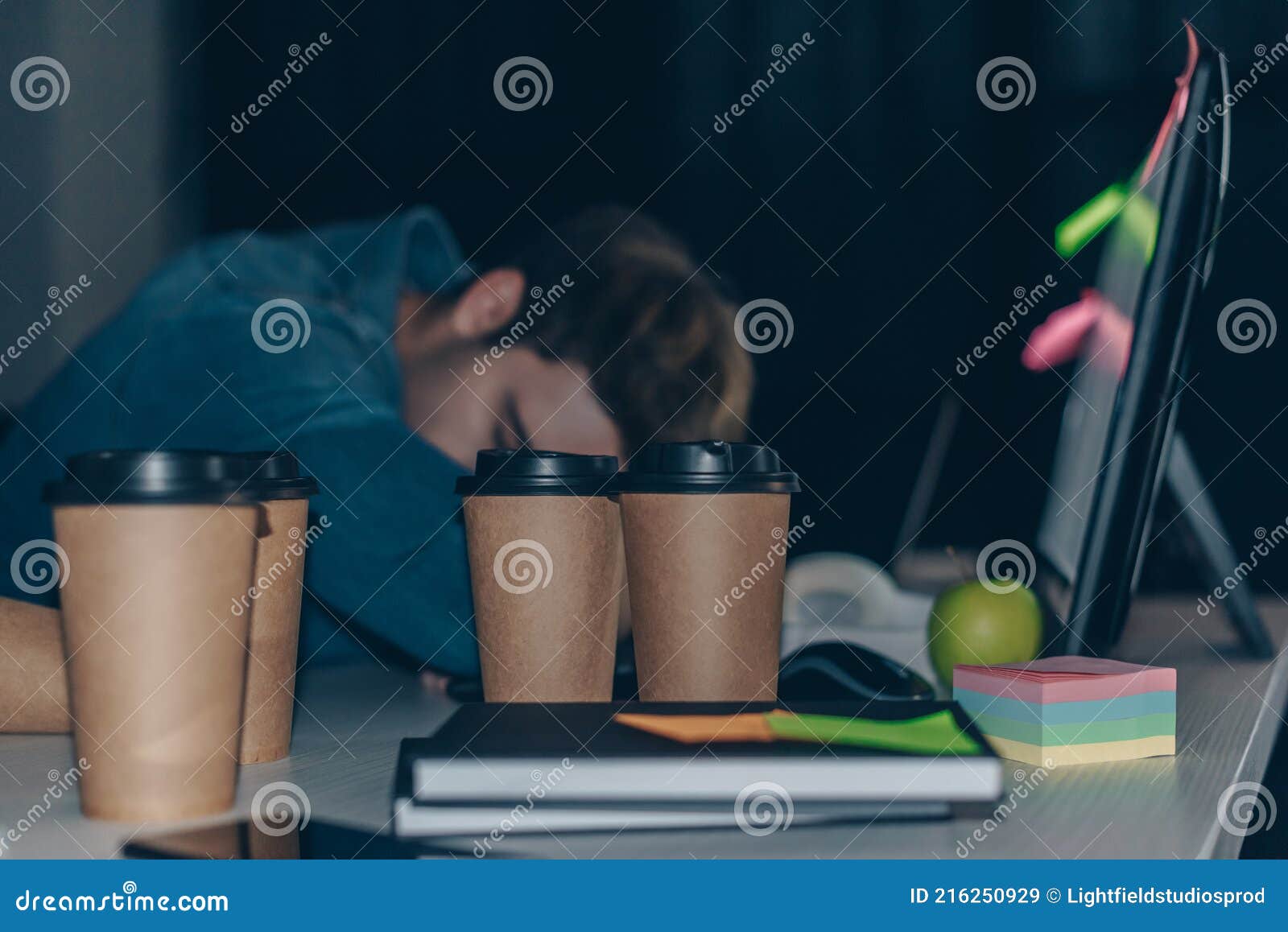 Tired Programmer Sleeping at Workplace at Night in Office. Stock Image ...