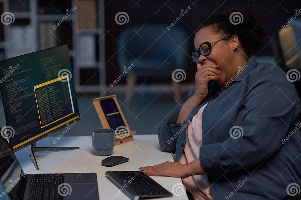 Tired Programmer Working Till Late Night Stock Photo - Image of ...