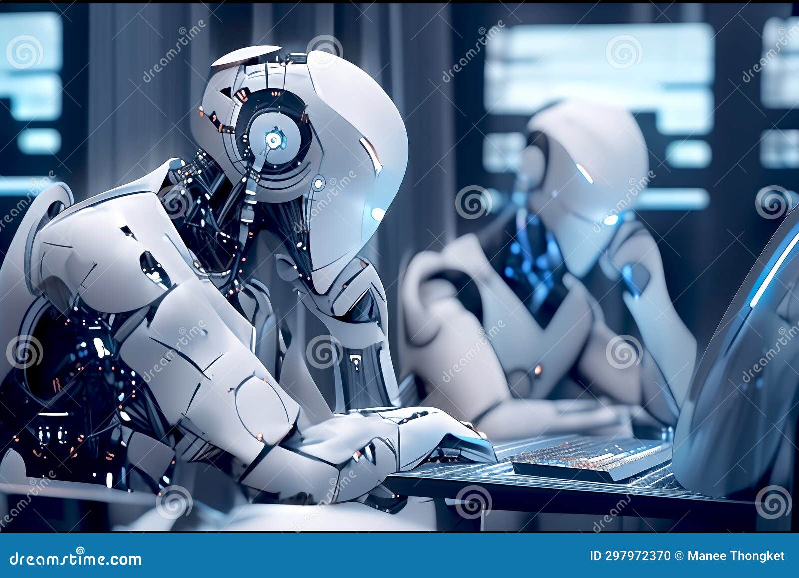 Tired Robot Humanoid Working on Computer, Looking at a Screen during ...
