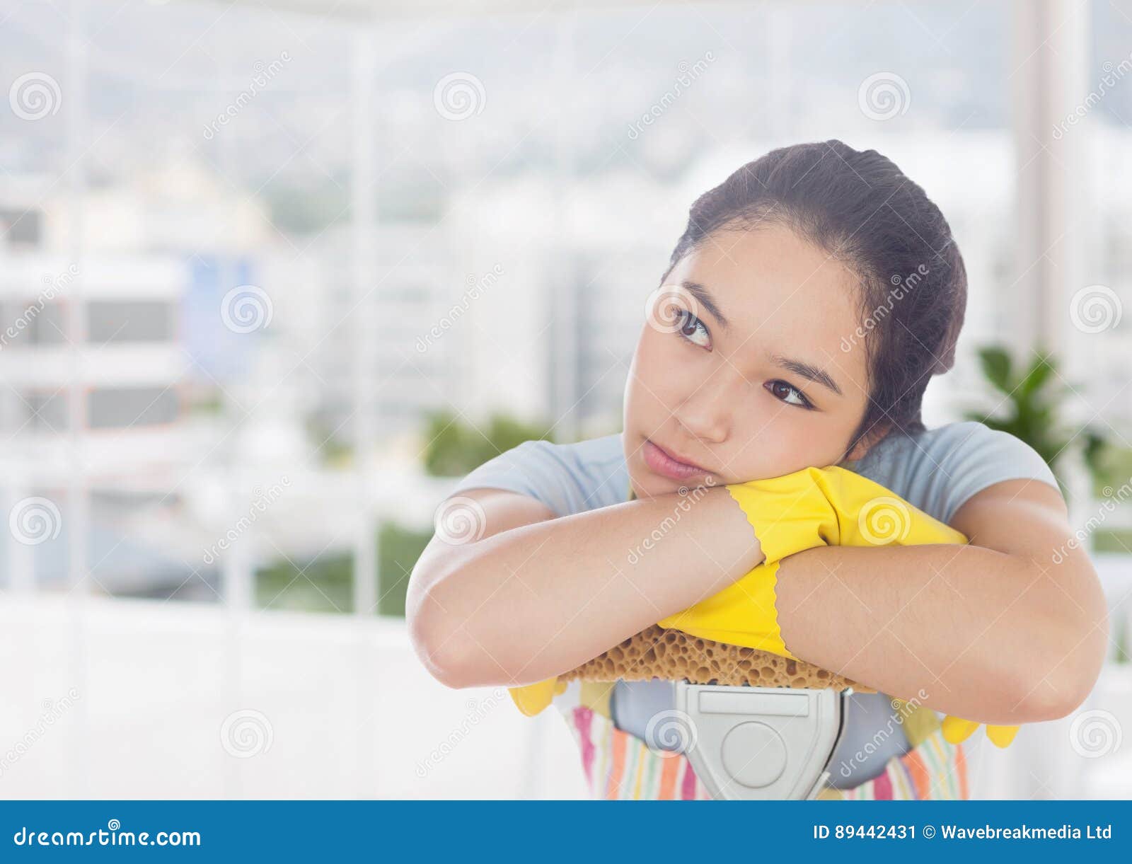Tired Sad Cleaner Lady Day Dreaming in Front of Office Window Stock ...