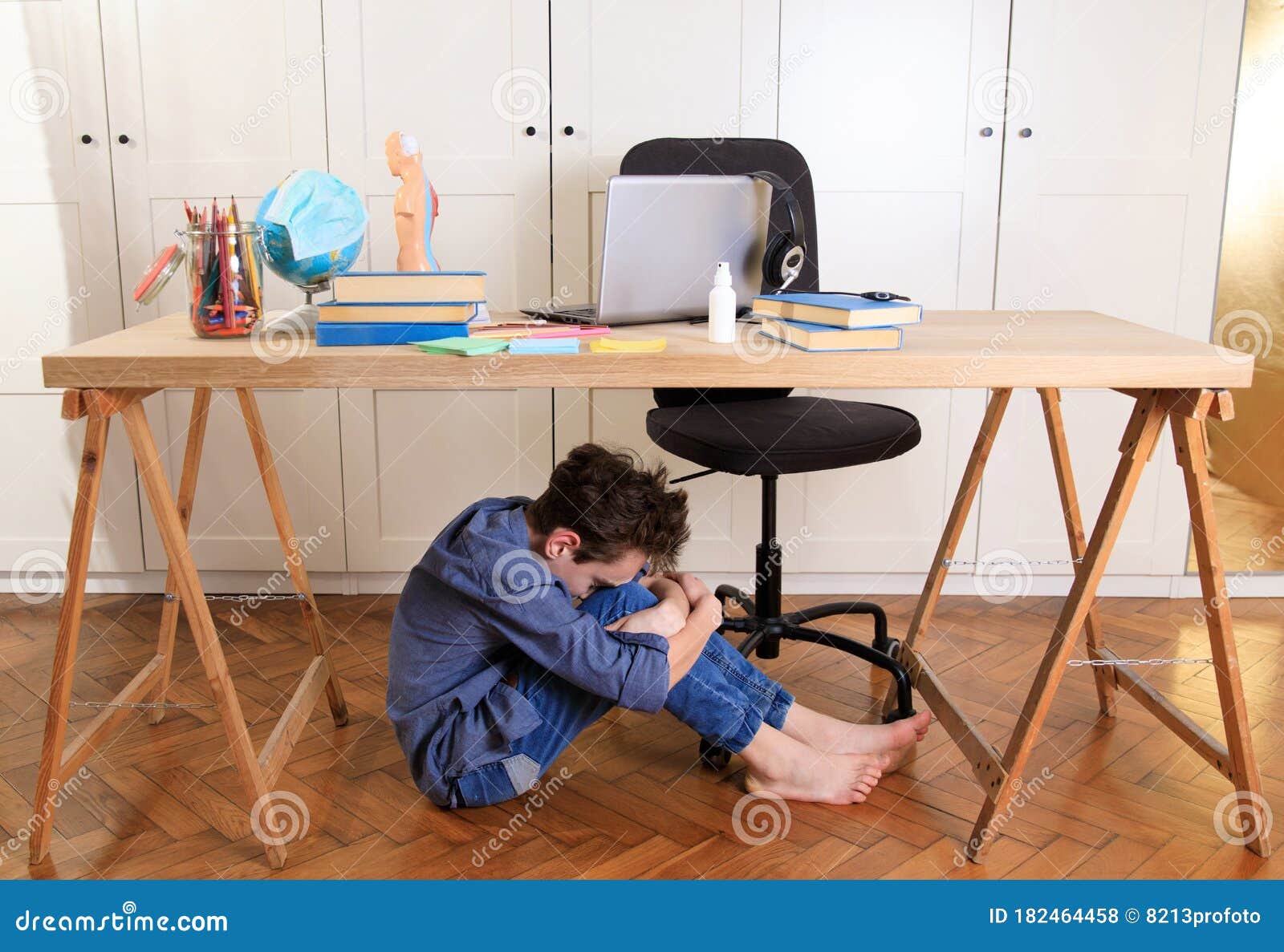 Tired Sad Frustrated Boy Sitting at the Table with Many Books. Learning ...