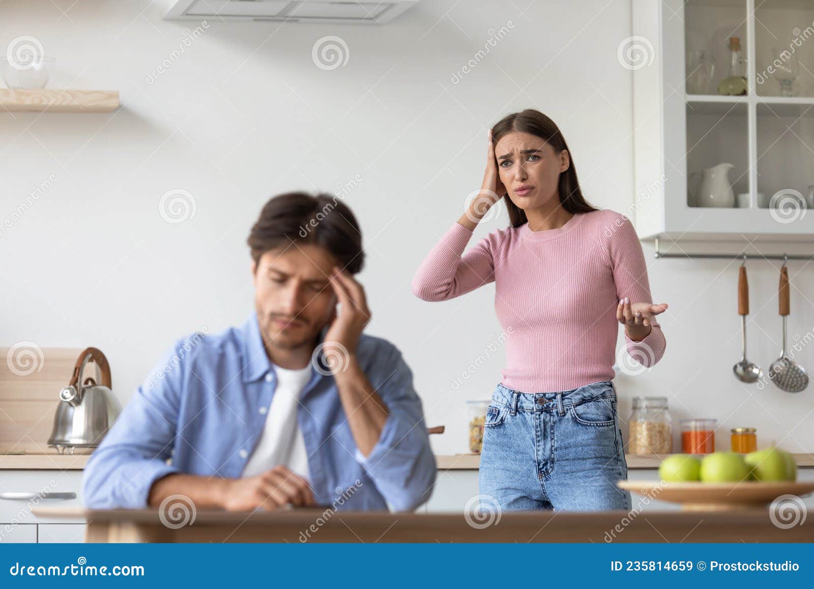 Tired Sad Unhappy Millennial Caucasian Husband Ignoring Upset Angry