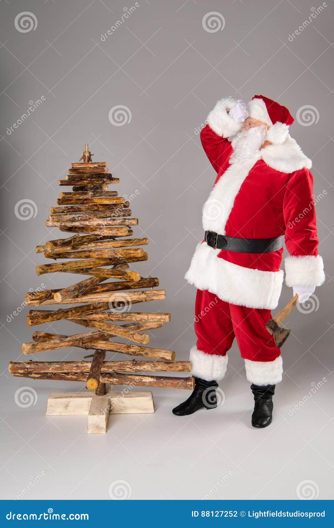 Tired Santa Claus with Christmas Tree Stock Photo - Image of happiness ...