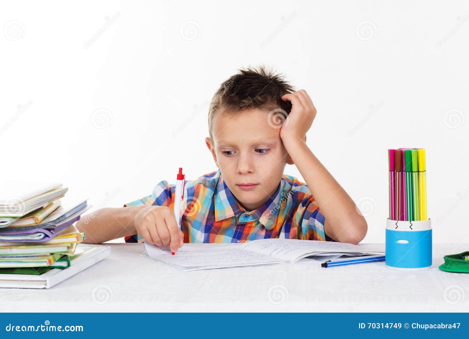 Tired School Boy Doing Homework Stock Image - Image of busy ...