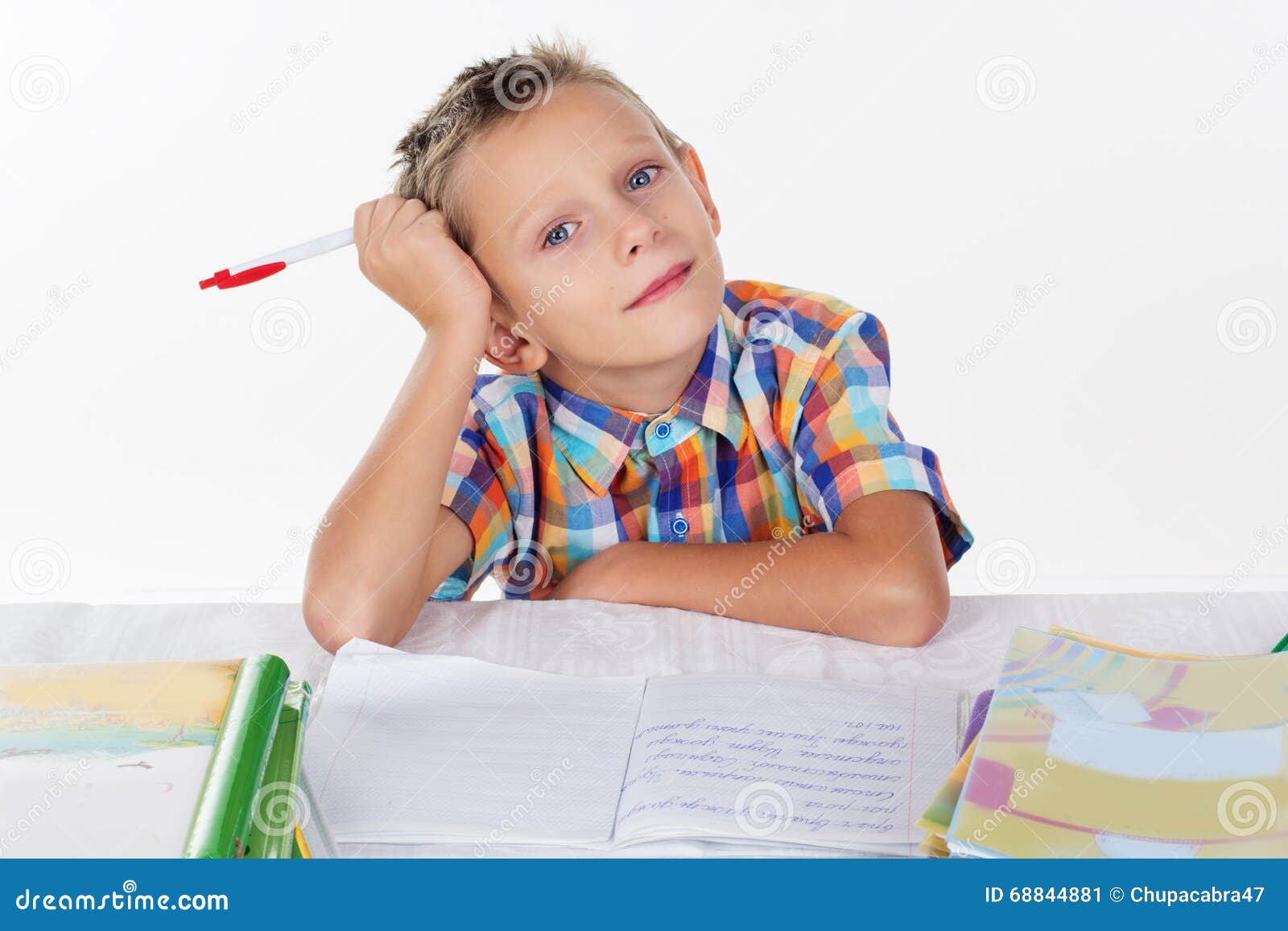Tired School Boy Thinking about Math Problem Stock Image - Image of ...