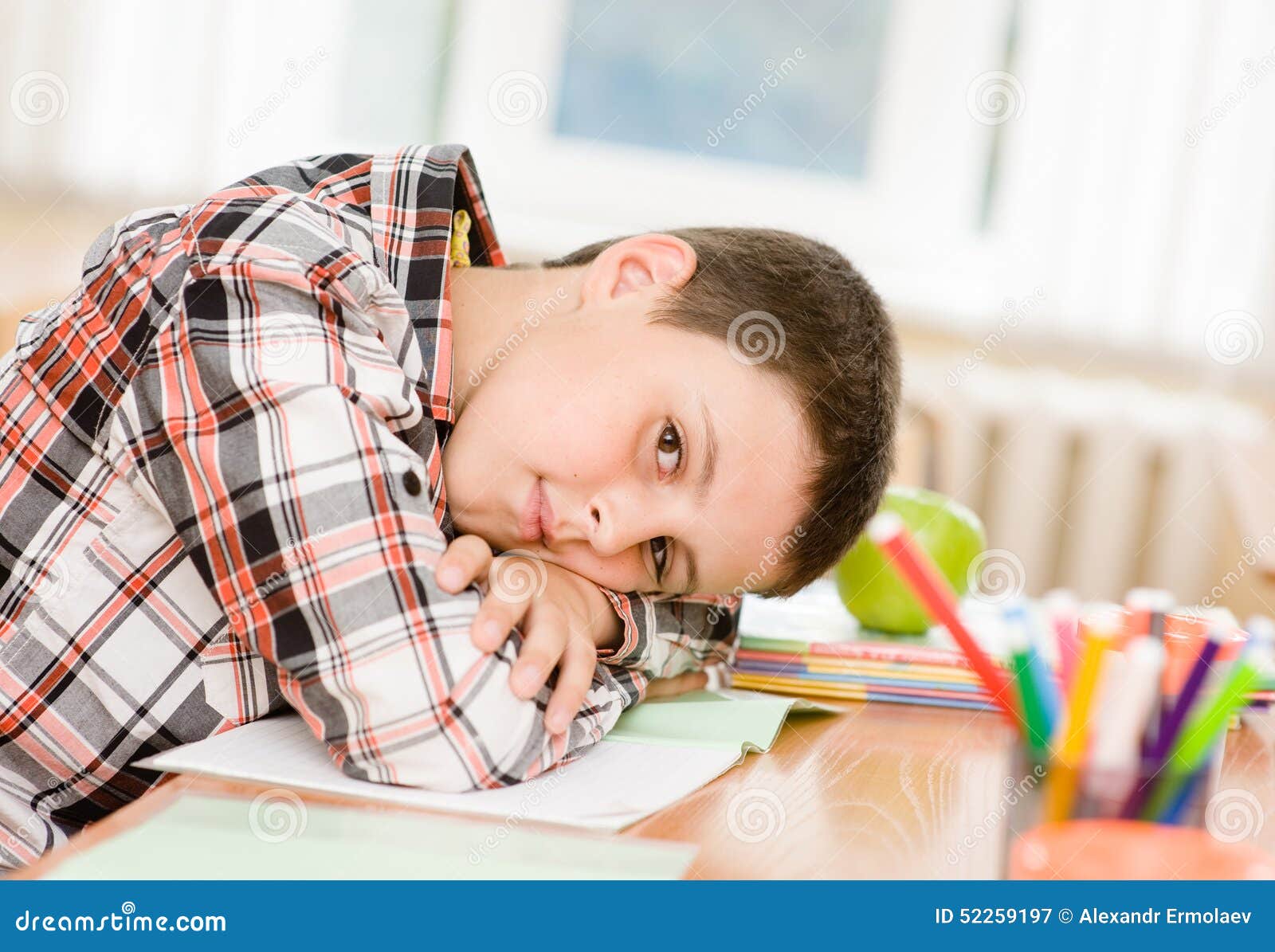 Tired Schoolboy in Classroom Stock Image - Image of lesson, childhood ...