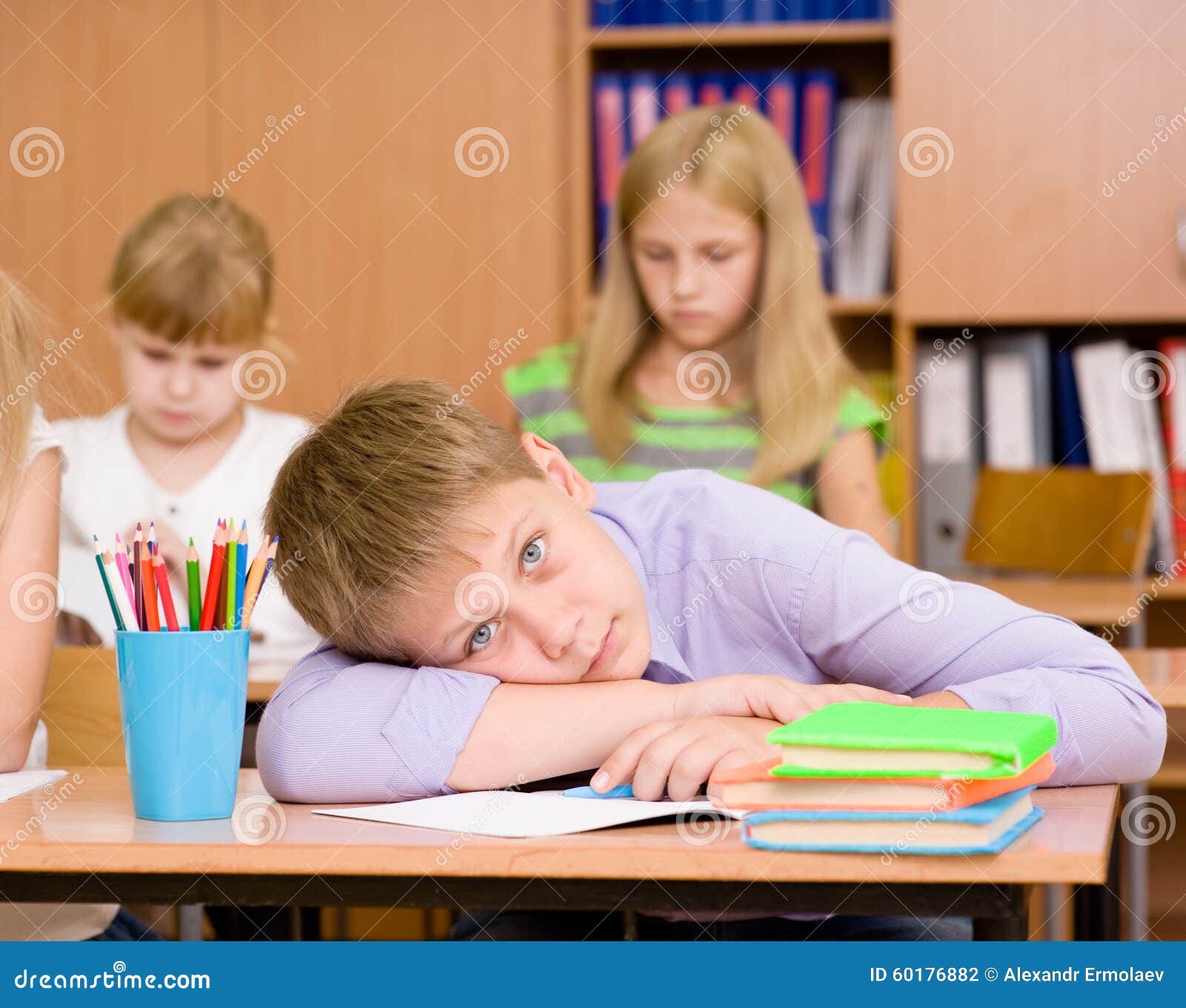 Tired Schoolboy At A Lesson At School Stock Photography | CartoonDealer ...