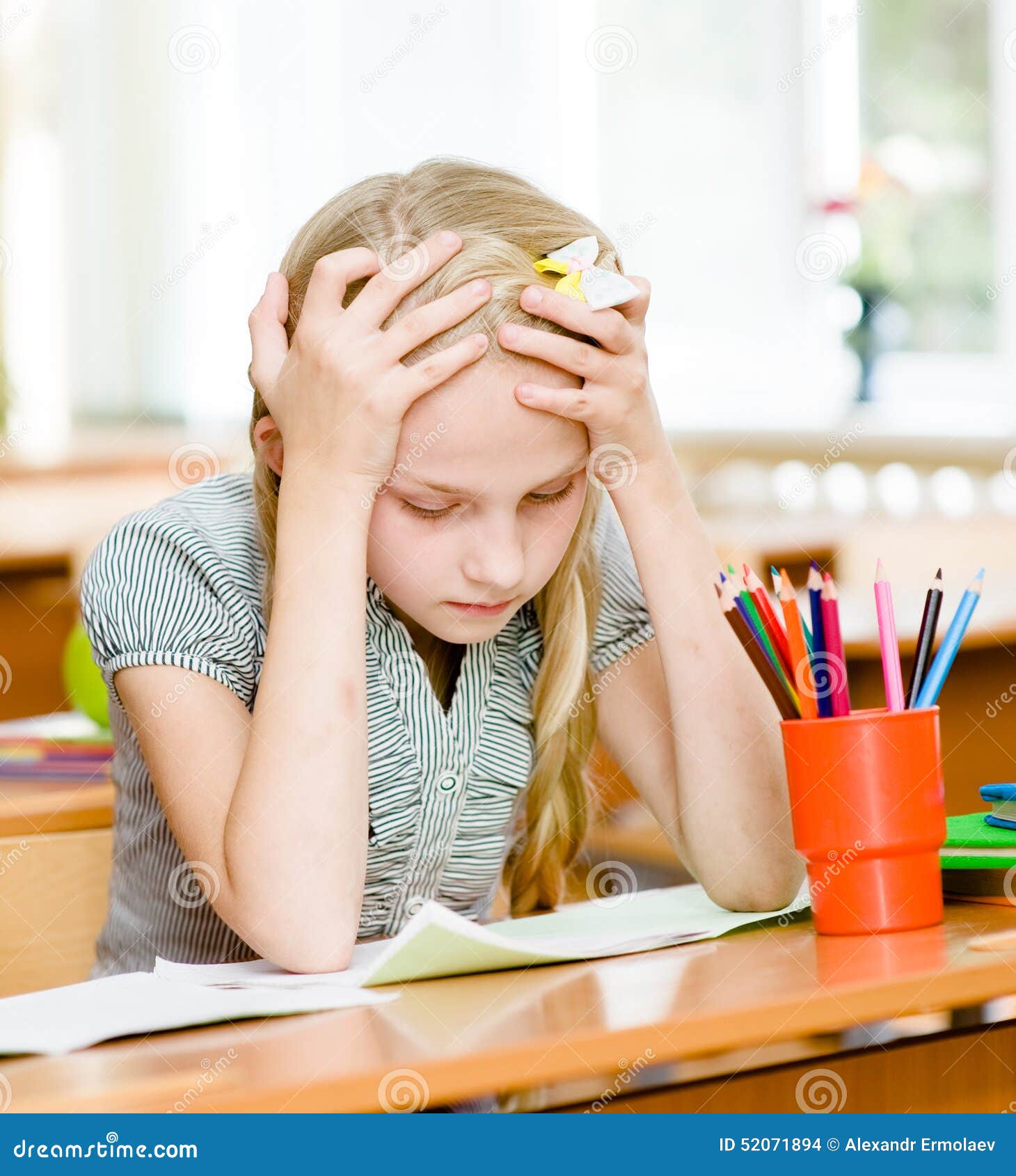 Tired Schoolgirl in Classroom Stock Photo - Image of caucasian, indoor ...