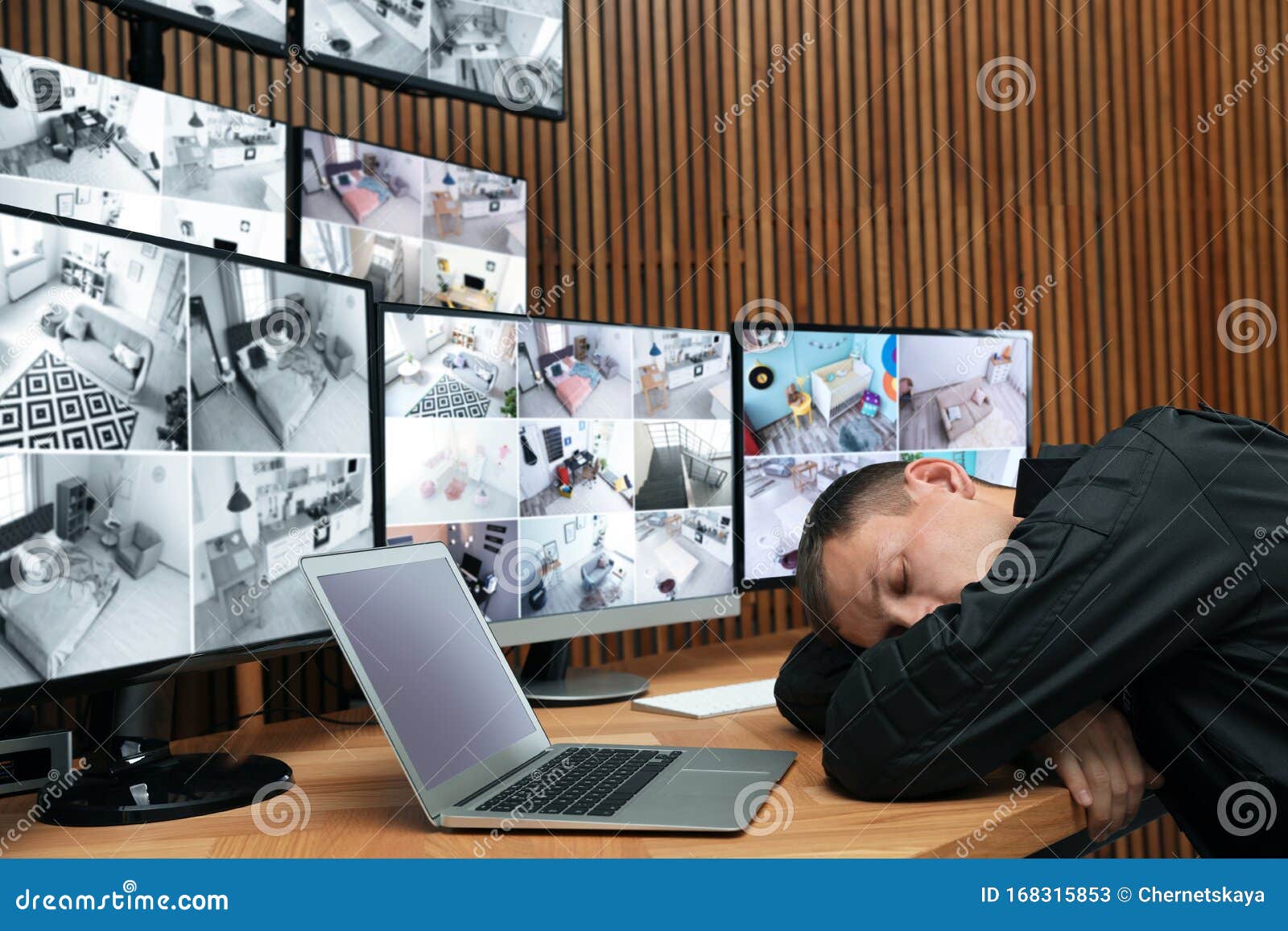 Tired Security Guard Sleeping at Workplace in Office Stock Image ...