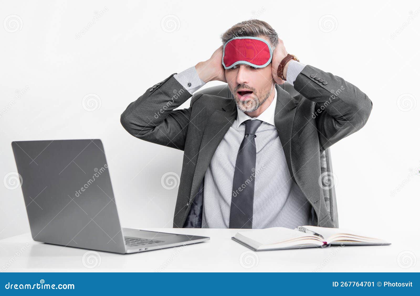 Tired Shocked Boss Yawning in Sleep Mask at Workplace Stock Image ...