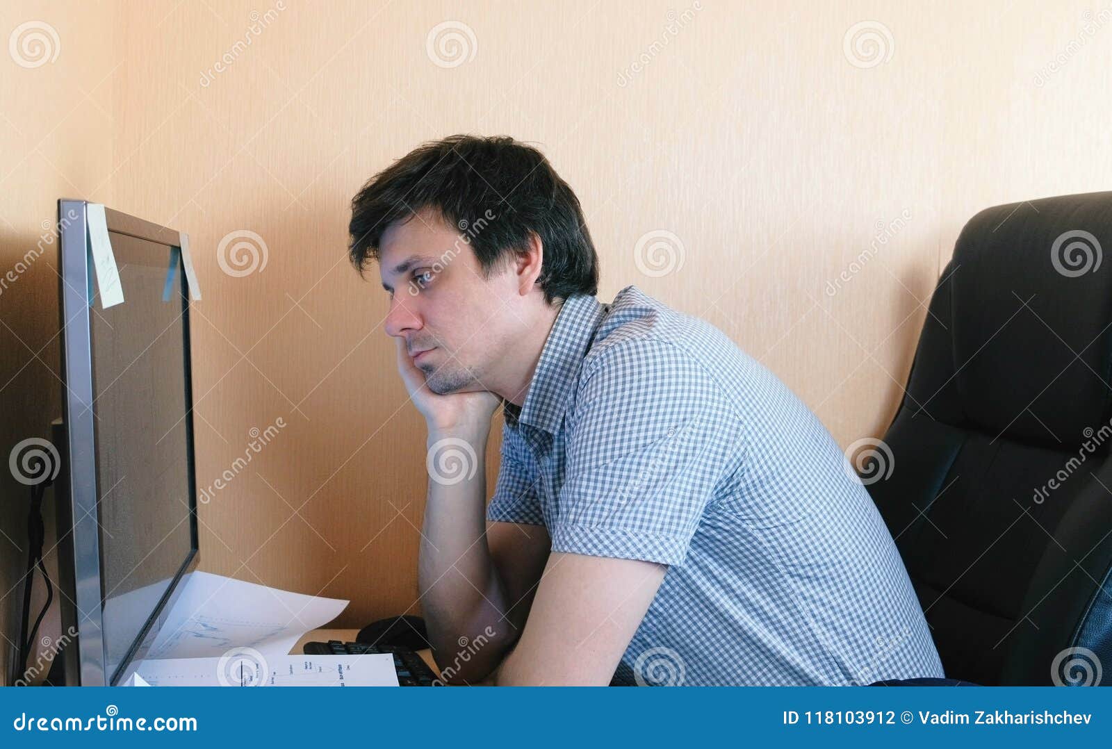Tired Sleepy Man Working at Computer. Side View. Stock Photo - Image of ...