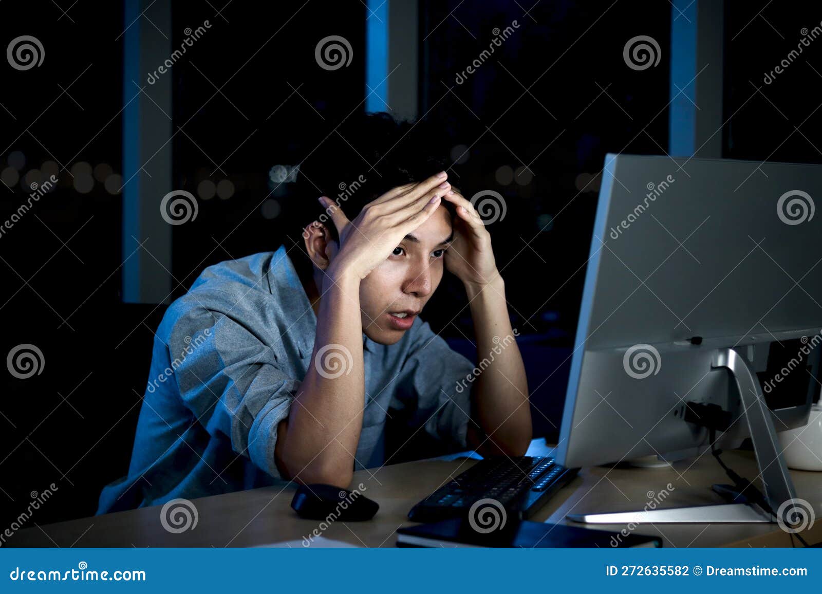 Tired Staff Officer Put Head on Hands during Work with Desktop Computer ...