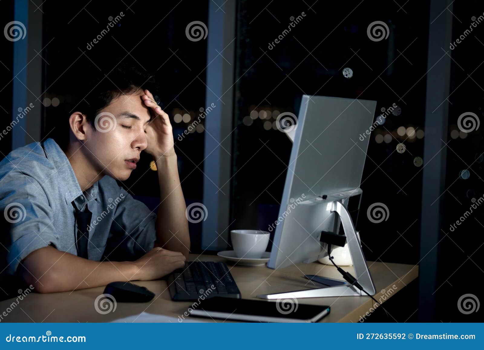 Tired Staff Officer Put Head on Hands during Work with Desktop Computer ...