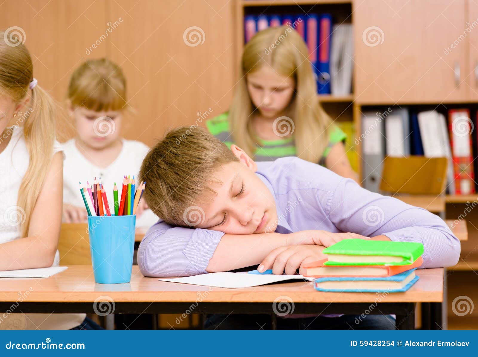 Tired Student Boy Sleeping in Classroom Stock Photo - Image of class ...