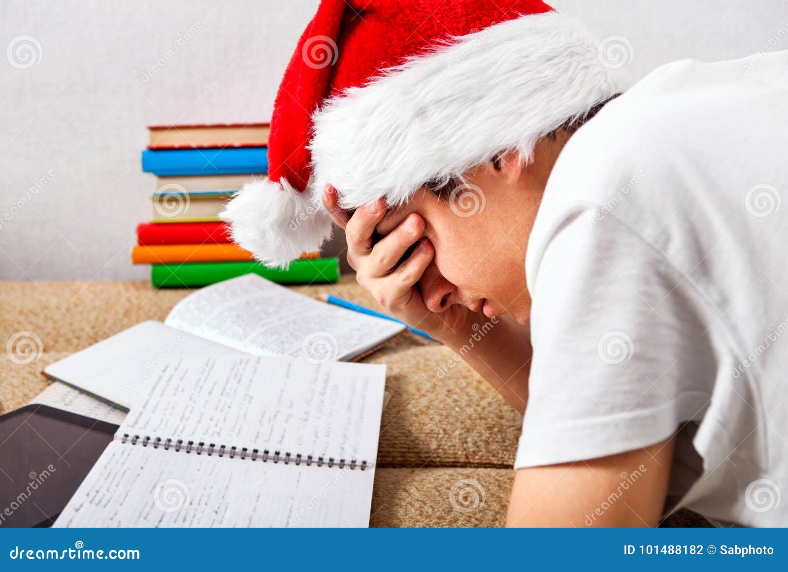 Tired Student Doing Homework Stock Photo - Image of side, homework ...