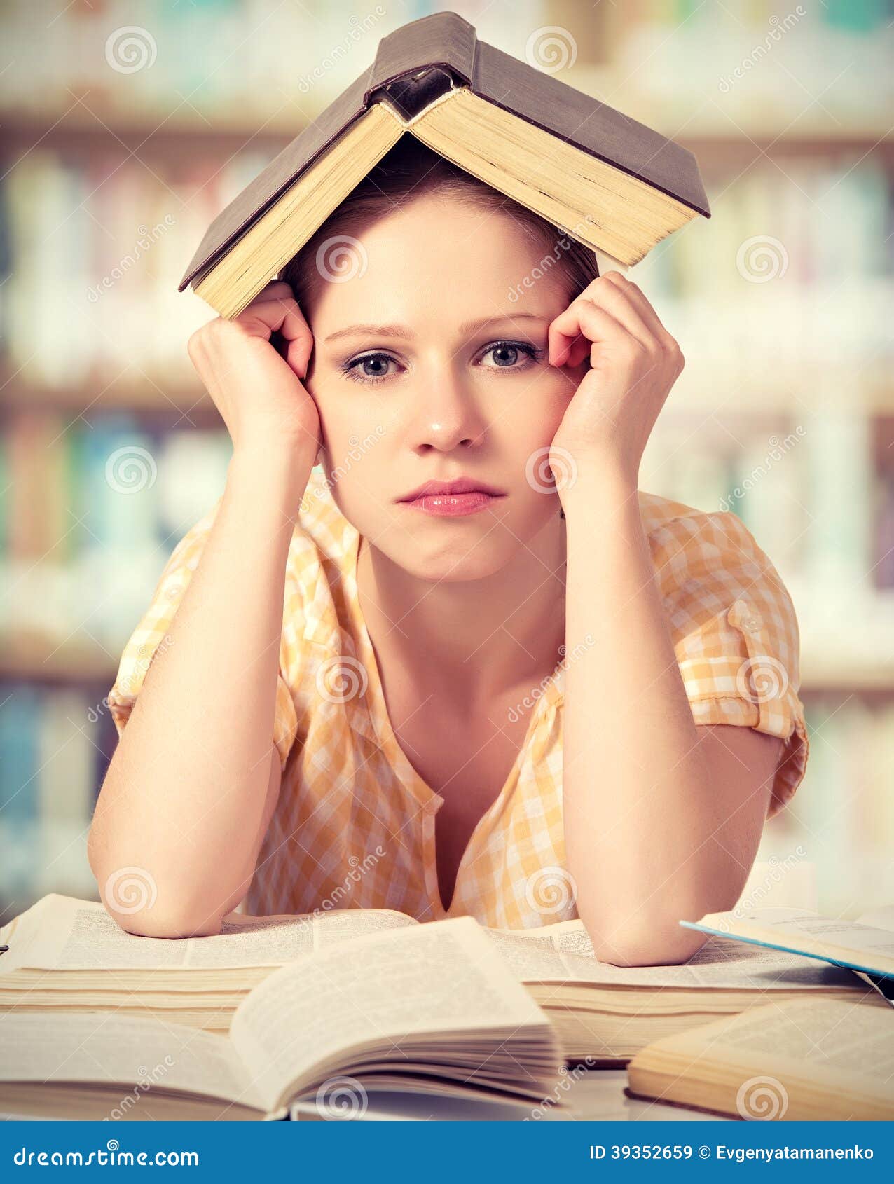 Tired Student Girl Reading Books Stock Image - Image of academic ...