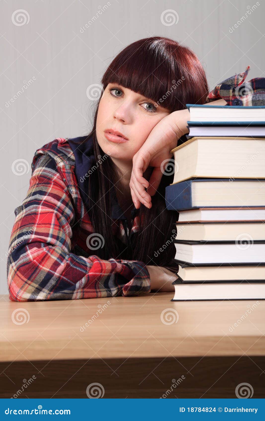 Tired Student Girl Resting on Stack of Books Stock Photo - Image of ...