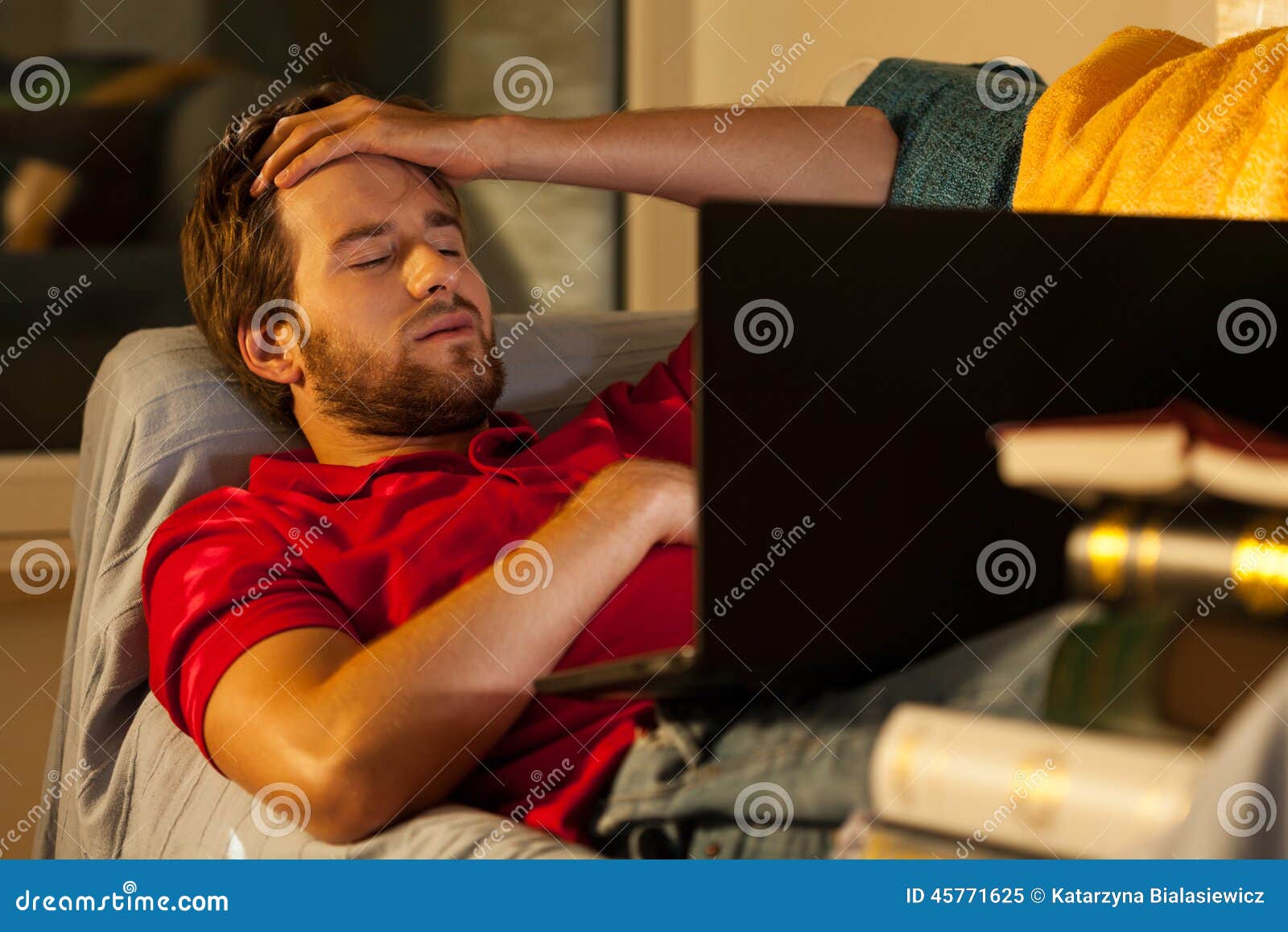 Tired Student with Headache Stock Image - Image of male, lying: 45771625