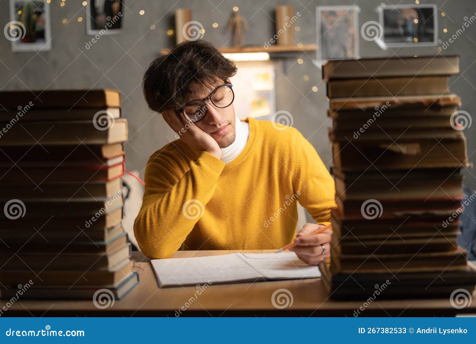 Tired Student Reading Books Preparing for Exams. Stock Image - Image of ...