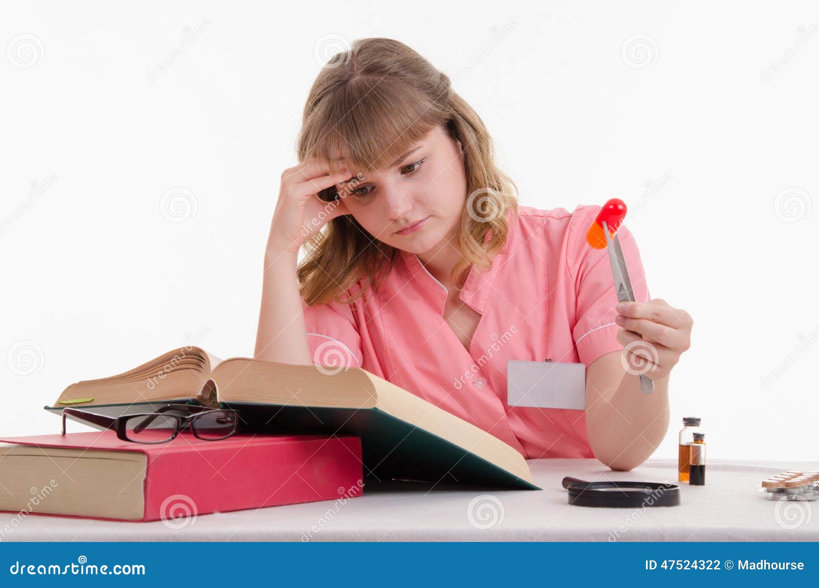 Tired Student Studying in the Directory Structure of Pills Stock Photo ...