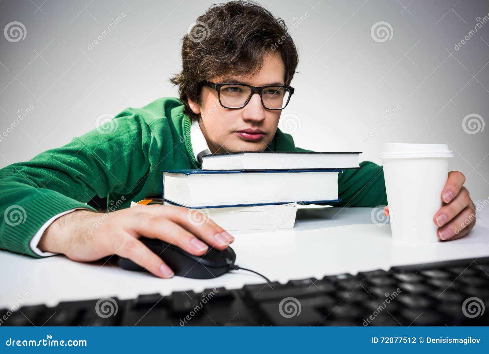 Tired Student Using Computer Stock Photo - Image of library, portrait ...