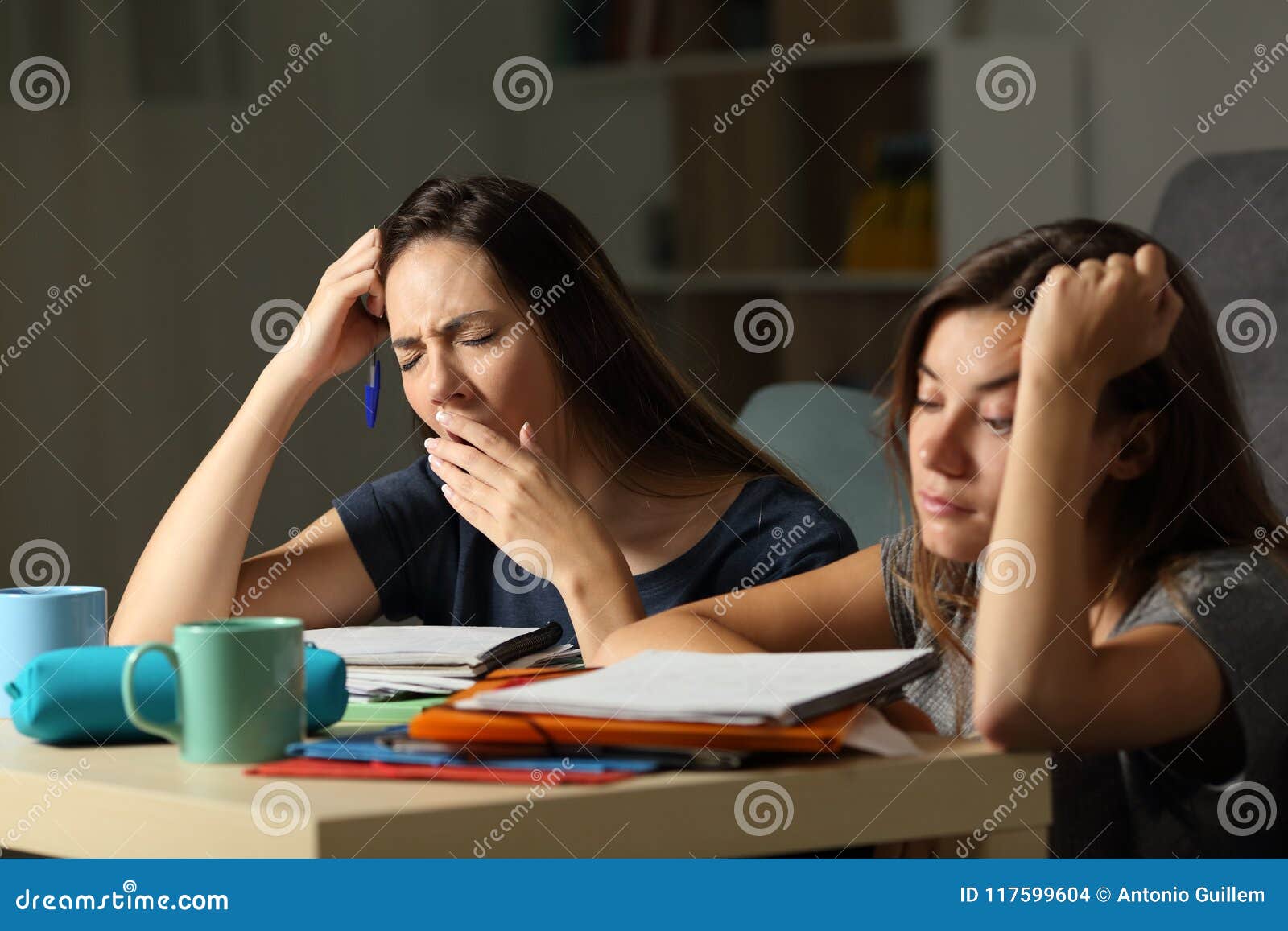 Tired Students Studying in the Night at Home Stock Photo - Image of ...