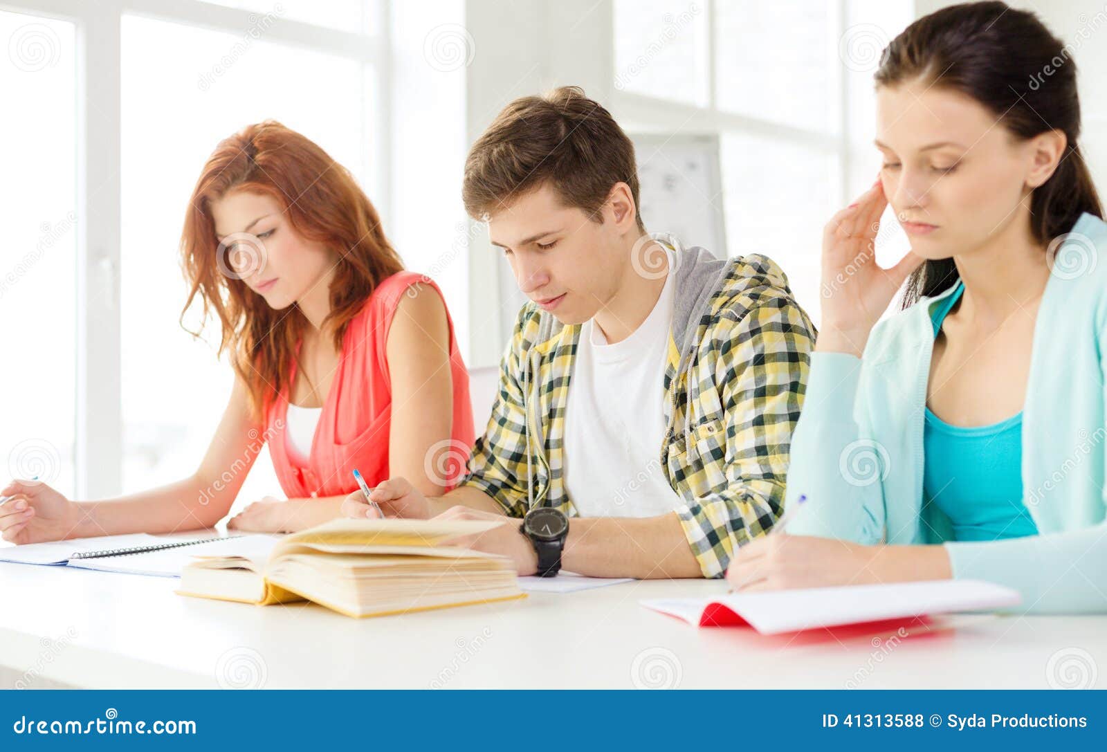 Tired Students with Textbooks and Books at School Stock Photo - Image ...