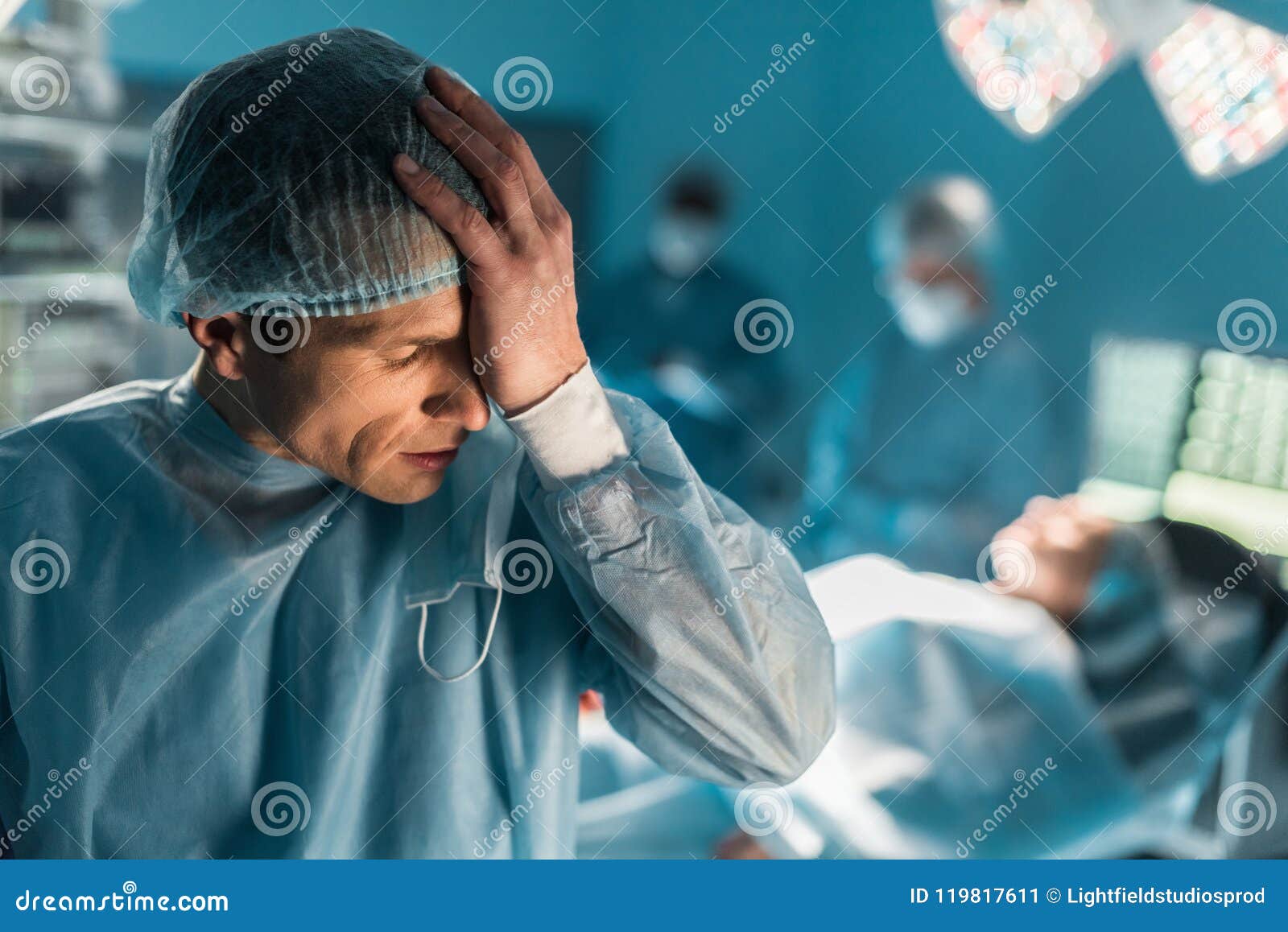 Tired Surgeon Touching Head Stock Image - Image of male, room: 119817611