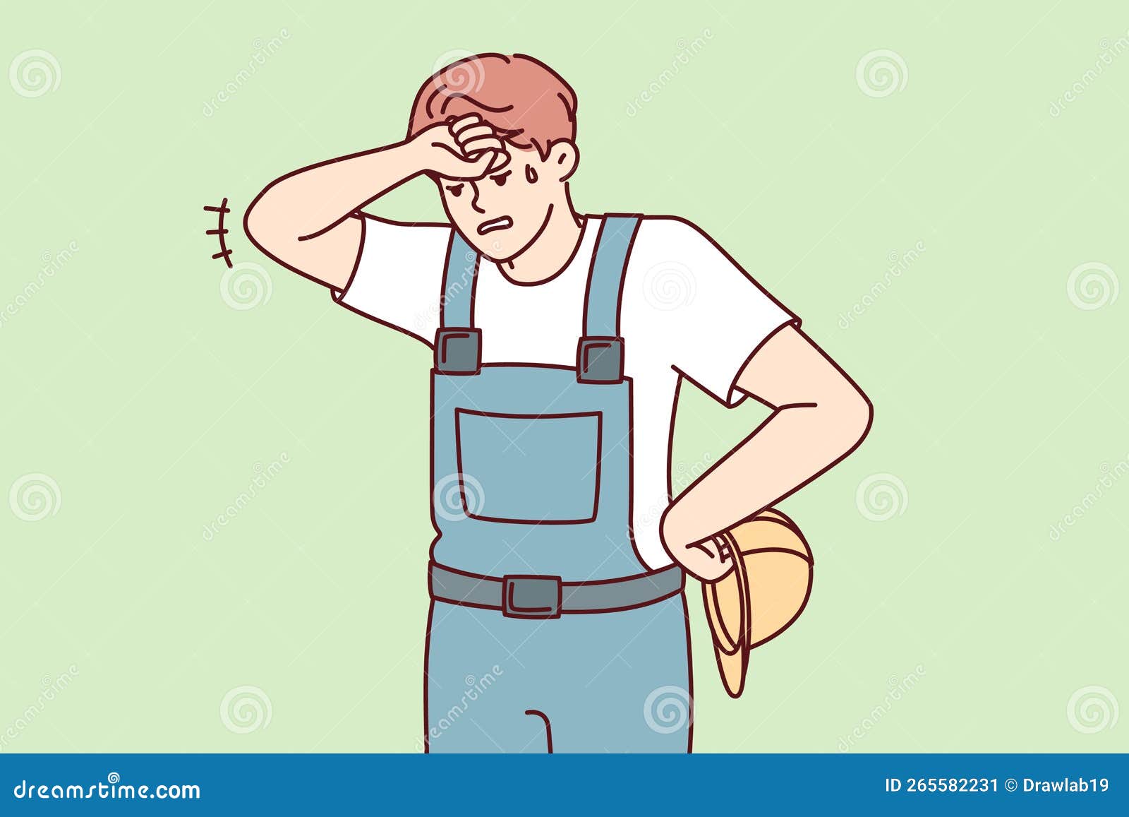 Tired Sweaty Man in Construction Uniform and Safety Helmet Wiping ...