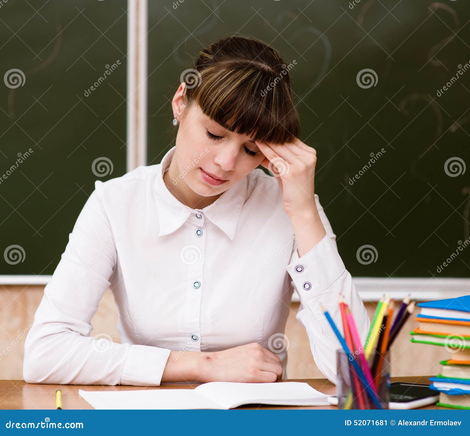 Tired Teacher And Excited Pupil School Girl. Stressed Work In School ...