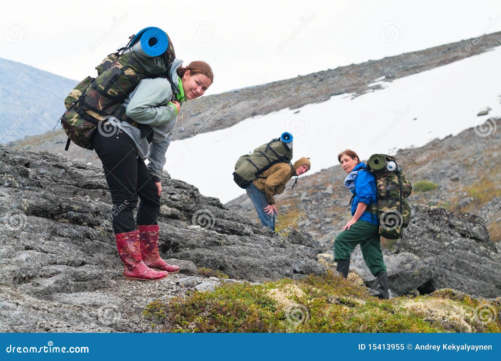 Tired Team of Backpackers in Mountains Stock Image - Image of knapsack ...