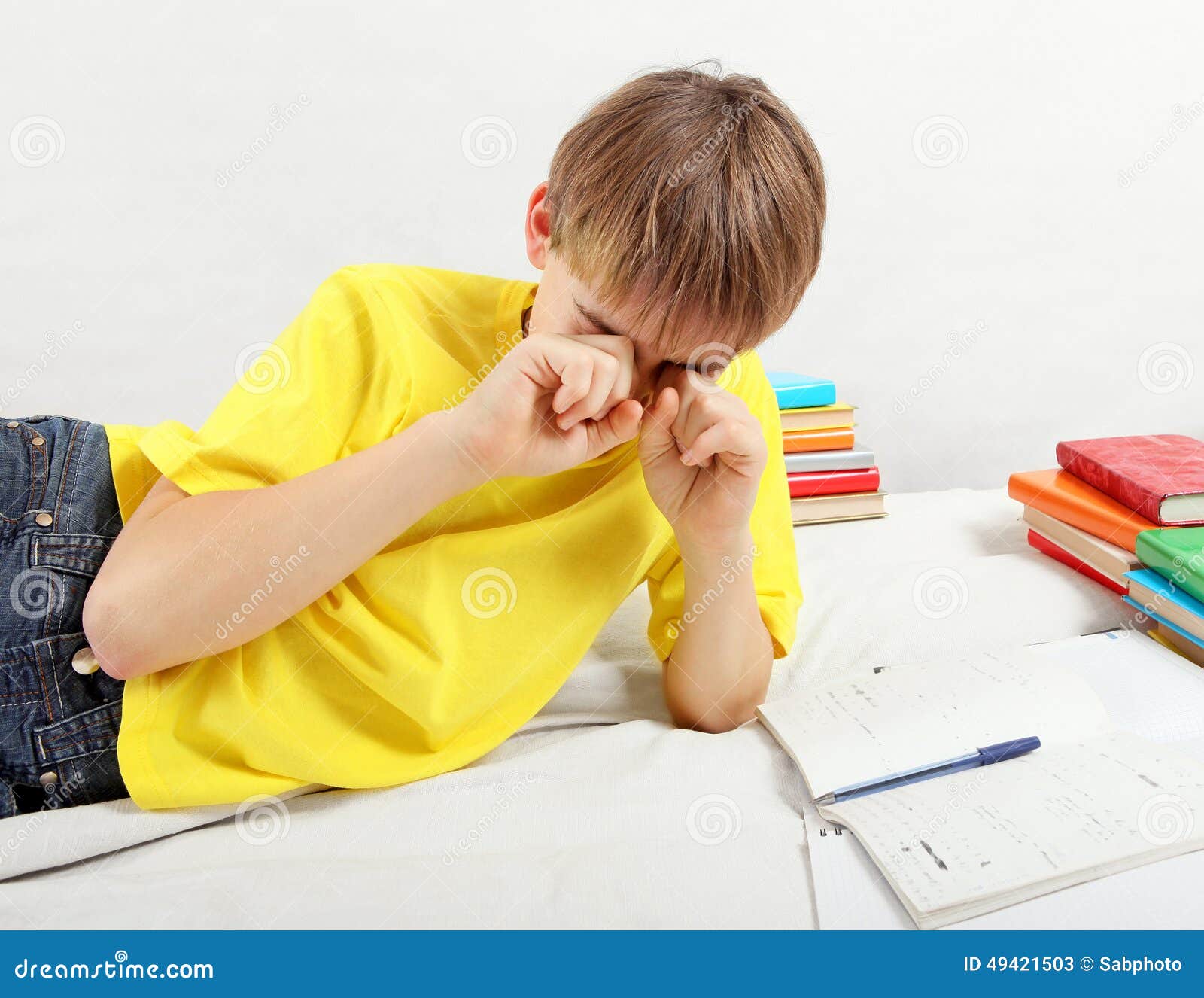 Tired Teenager Doing Homework Stock Image - Image of cute, education ...
