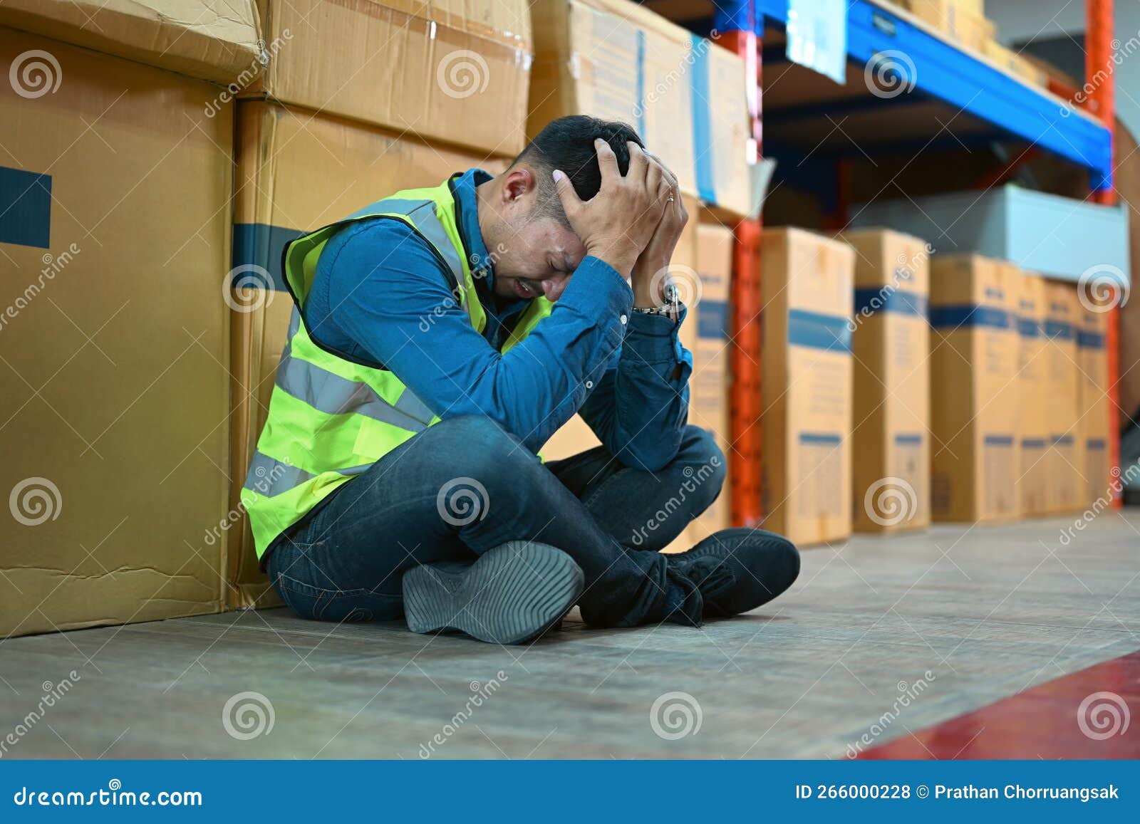 Tired Warehouse Worker Taking Break from Hard Work, Sitting between ...